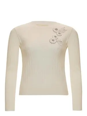 EXQUISE Neutrals Crew Neck Floral Embroidered Knit Sweater - Ecru