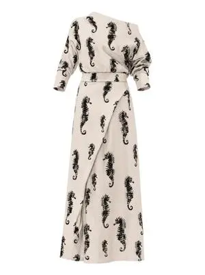 JULIA ALLERT Seahorse Print Boat Neck Blouse And Wrap Skirt Co-ord Set - Beige