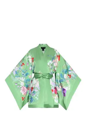 MENG Paris Watercolour Flowers Silk Satin Short Kimono - Green
