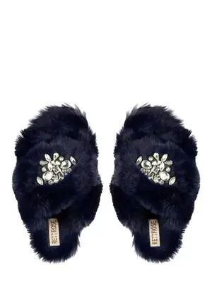 RETTROSE Audrey Navy Luxury Plush Diamanté Heart Embellished Handmade Slipper Blue
