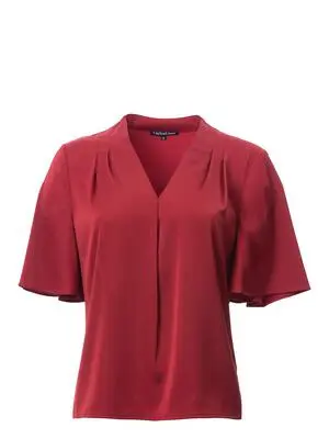 CARLOSLINES V-neck Pleat Detail Flutter Sleeve Blouse In Burgundy Solid - Red