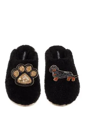 LAINES LONDON Teddy Closed Toe Slippers With Dachshund And Paw Brooches - Black