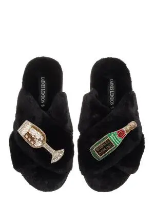 LAINES LONDON Classic Laines Slippers With Bubbles Darling Brooches - Black