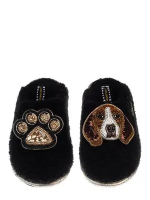 LAINES LONDON Teddy Closed Toe Slippers With Beagle & Paw Brooches - Black
