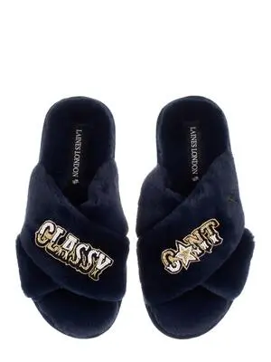 LAINES LONDON Classic Laines Slippers With Classy Cunt Brooches Navy - Blue