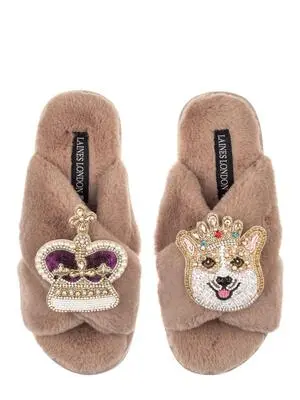 LAINES LONDON Laines London Embellished Corgi & Crown Slippers Brown