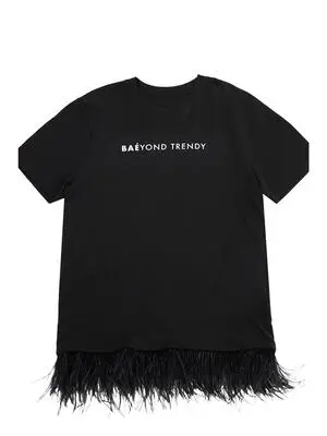 Baé Special Moments Baé Special Moments T-Shirt Dress With Removable Feathers And "BAÉYOND TRENDY" Slogan Black