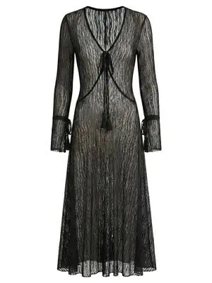 BELSIZE25 Trumpet Dress Flared Sleeve Sheer Lace Knit Dress - Black