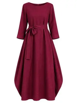 NIKKA PLACE Oversized Maxi Linen Dress With Belt In Burgundy - Red