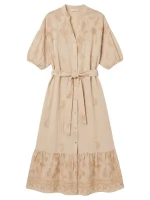 LATELIER LONDON Embroidered Cotton Midi Shirt Dress - Beige