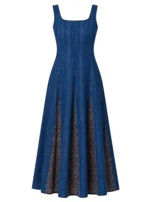 CHARKHA & LOOM Artemis Handspun Handwoven Cotton Denim Midi Dress - Blue