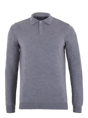 PAUL JAMES KNITWEAR Extra Fine Merino Wool Turner Long Sleeve Polo Shirt Mid - Grey