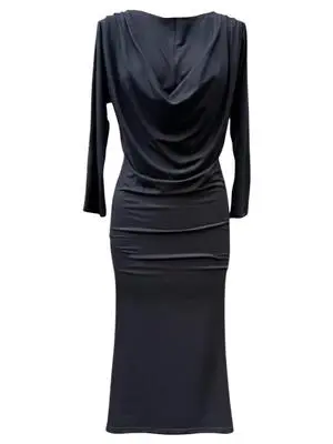 IMAATU Oshun Dress Sculpting Elastic Viscose Waterfall Drape Three Quarter Sleeves Midi - Black