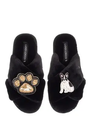 LAINES LONDON Faux Fur Cross Strap Slippers With French Bulldog Brooches - Black