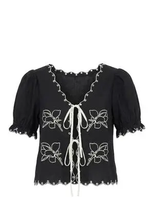 MODENAIRE Embroidered Blouse Sculpted Tie Front - Black