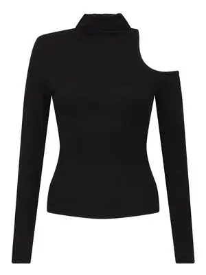 SOUR FIGS Asymmetric One-shoulder Cutout Turtleneck Knit Top - Black