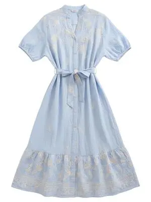 LATELIER LONDON L'atelier London Embroidered Midi Shirt Dress - Blue