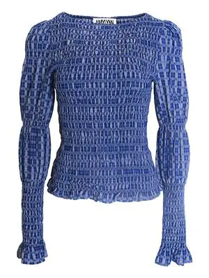 AMY LYNN Iris Indigo Checkerboard Cotton Smocked Sleeve Top - Blue