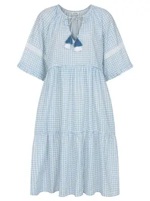 LUELLA FASHION Cotton Gingham Tiered Midi Dress With Tassel Detail - Blue