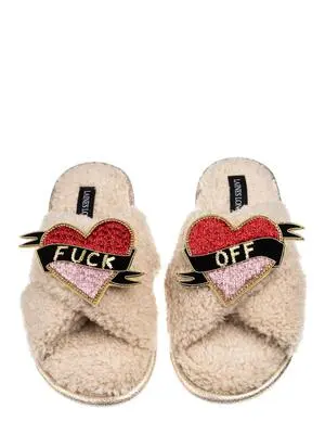 LAINES LONDON Boucle Slippers With Embellished Brooches - Brown