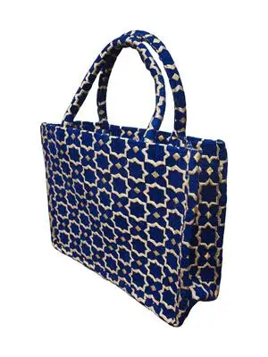 BERBER LEATHER Moroccan Print Fabric Tote Bag - Blue