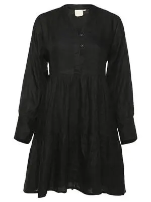 REISTOR V-neck Tiered Hemp Dress - Black