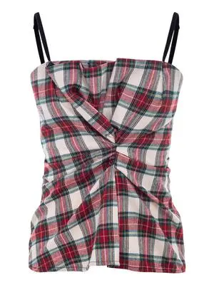 SEROTONINN Burgundy Tartan Cotton Flannel Draped Corset Top - Red