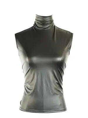 JENNAFER GRACE Matte Vegan Leather Mock Neck Tank - Black