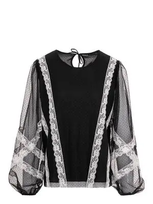 CONCEPT A TROIS Tulle Blouse With Polka Dots And Lace Details - Black