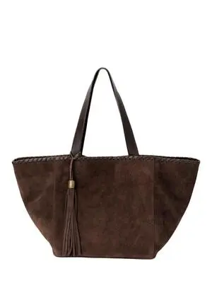 JUAN-JO Suede Tote Bag Leather Trim & Tassel - Brown