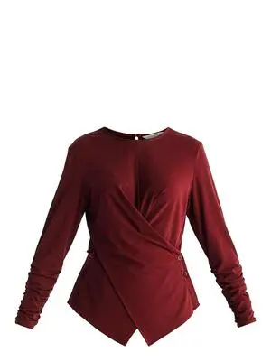PAISIE Side Button Jersey Wrap Top In Burgundy - Red