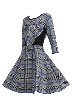 SMART AND JOY Fit-and-flare Tartan Knit Dress - Blue