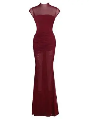 MISS CIRCLE NEW YORK Fabienne Burgundy Mesh Cap Sleeve Mermaid Gown - Red