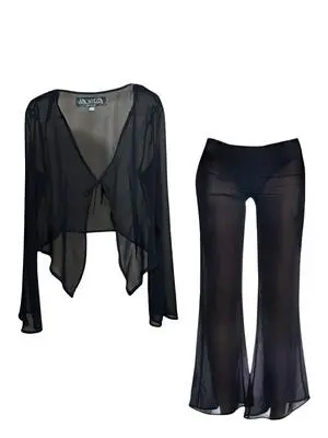 AMORTIZIA Arsenic Set Sheer Flowy Long-sleeve Top & Flared Pants Set - Black