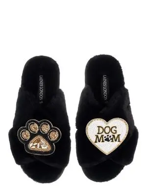 LAINES LONDON Classic Faux Fur Cross Strap Slippers With Embellished Paw And Dog Mom Brooches - Black