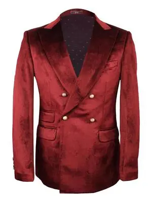 DAVID WEJ Maison Velvet Double Breasted Peak Lapel Two Piece Suit – Burgundy - Red