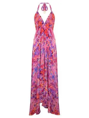 SOPHIA ALEXIA Printed Silk Halterneck Maxi Dress - Pink