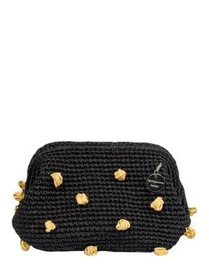 SPRINGMOONATELIER Pompom Raffia Clucht Handbag - Black