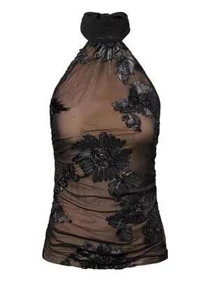 AMY LYNN Priya Floral Mesh Halter Top - Black