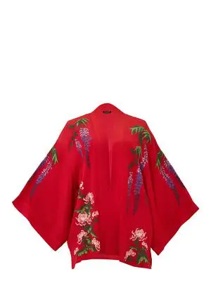 ARTEMIS MUSE Wisteria & Chrysanthemum Embroide Fully Lined Short Kimono - Red