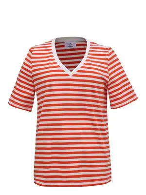 SMART AND JOY V Neck Stripes Cotton T-shirt Coral & White - Red