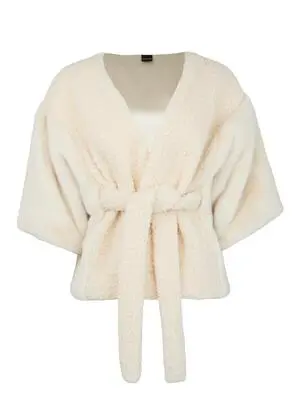 Saachi Fur Tie Front Short Ivory Kimono - White