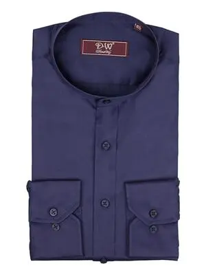 DAVID WEJ Mandarin Button Cuff Poplin Shirt Navy - Blue
