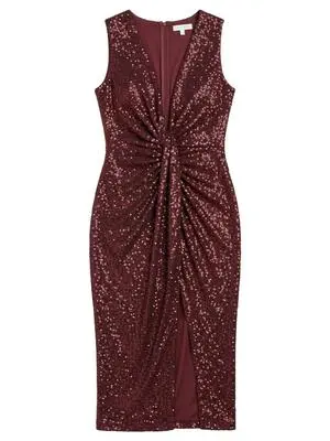 LATELIER LONDON Burgundy Plunge Sequin Bodycon Midi Dress - Red