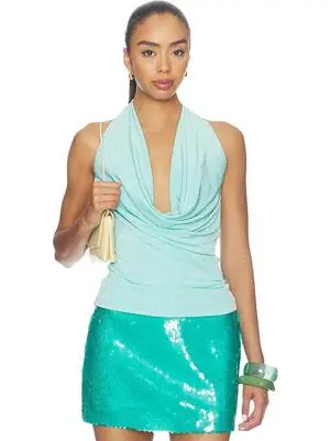 RUNAWAY THE LABEL Athena Halter Deep Plunge Cowl Top In . Also - Blue