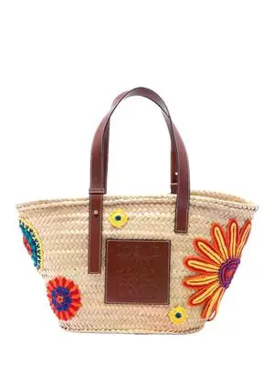 Loewe 2018 Large Floral Embroidered Raffia Basket Tote Bag - Neutrals