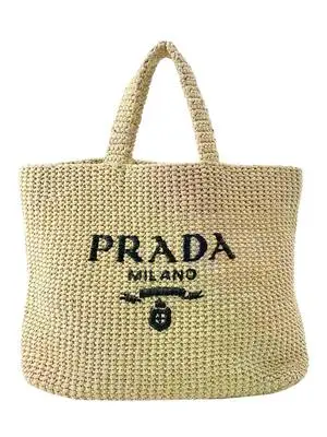 Prada 2013-2026 Large Raffia Effect Crochet Embroidered Logo Tote Bag - Neutrals