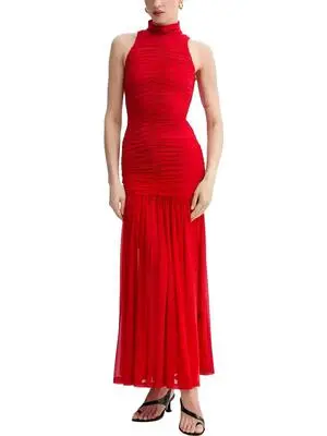 Bardot Orlana Ruched High-neck Maxi Dress - Red