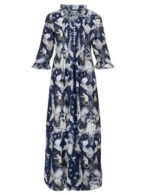 AT LAST... Cotton Annabel Maxi Dress In Navy Tropical - Blue