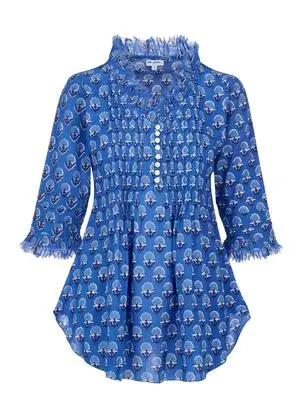 AT LAST... Sophie Cotton Tunic With Pintuck Detail And Ruffle Trim Blue